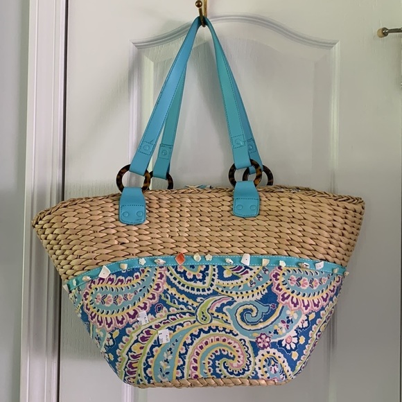 Vera Bradley | Bags | Vera Bradley Straw Beach Tote Bag With Seashells ...